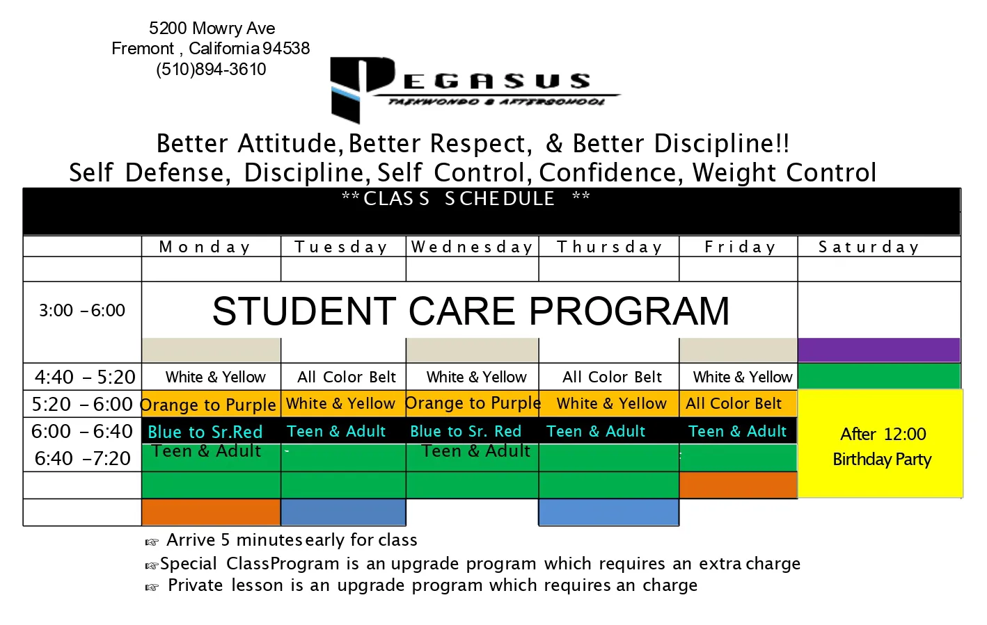 Class Schedule | Pegasus Taekwondo After School | Fremont, CA