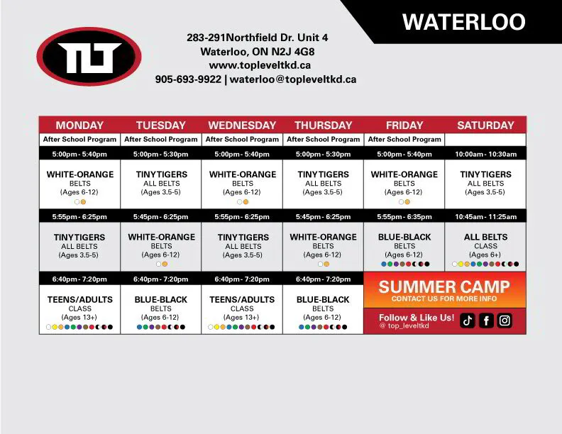 Waterloo Schedule | Top Level Taekwondo