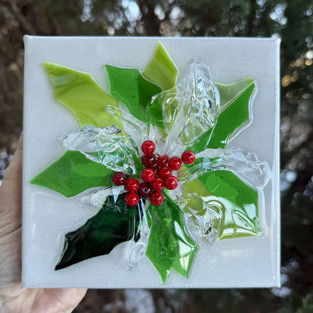 Handcrafted Glass Holly Leaves with Red Berries