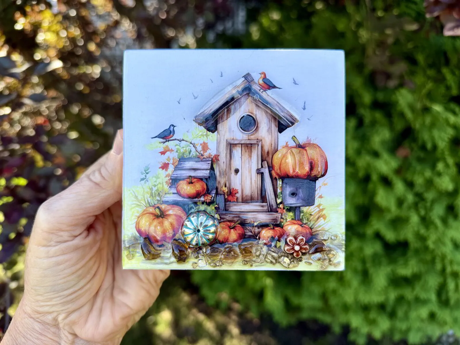 Fall Pumpkin Wall Art - – 4x4 Wood Panel with Glass & Resin – Rustic ...
