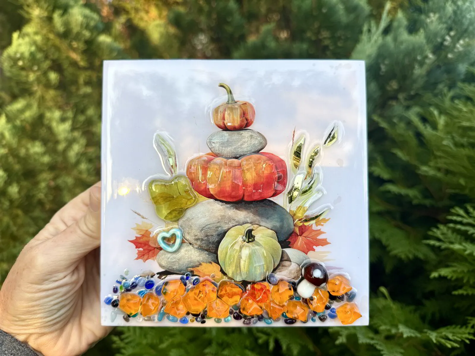 Stacked Pumpkins Mini Art – 6x6 Wood Panel with Glass & Resin – Autumn ...