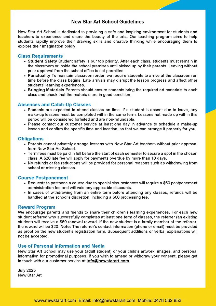 New Star Art School Guidelines