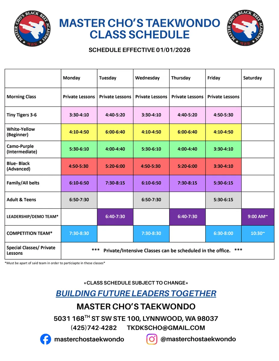 Schedule - Master Cho's Taekwondo