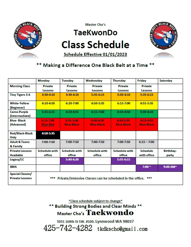 Schedule - Master Cho's Taekwondo