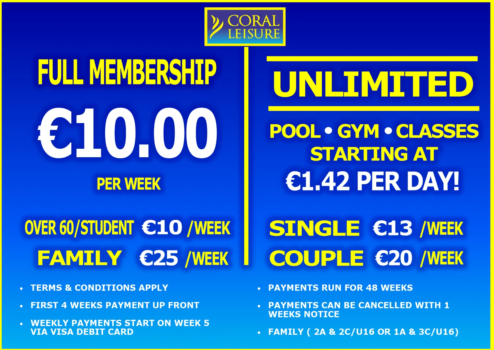 Full Membership from €10 a week in Coral Leisure Monaghan