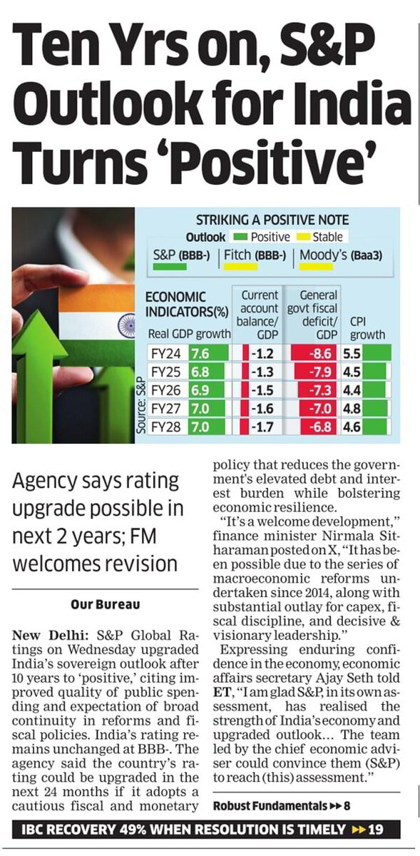 S&P Outlook for India Turns ‘Positive’ - The Economic Times, Mumbai, India