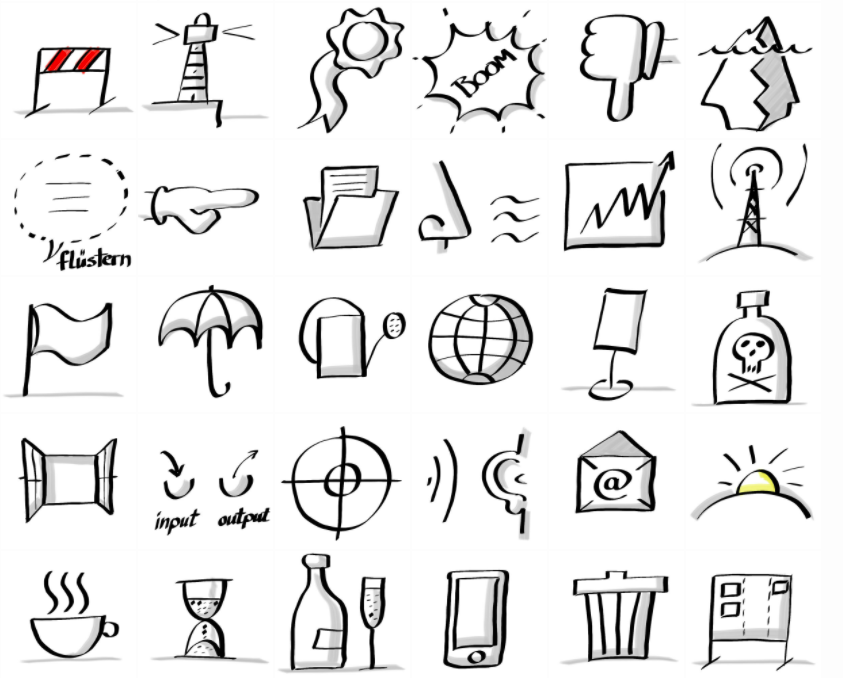 The most important sketchnoting symbols drawn by Matthias Breuel