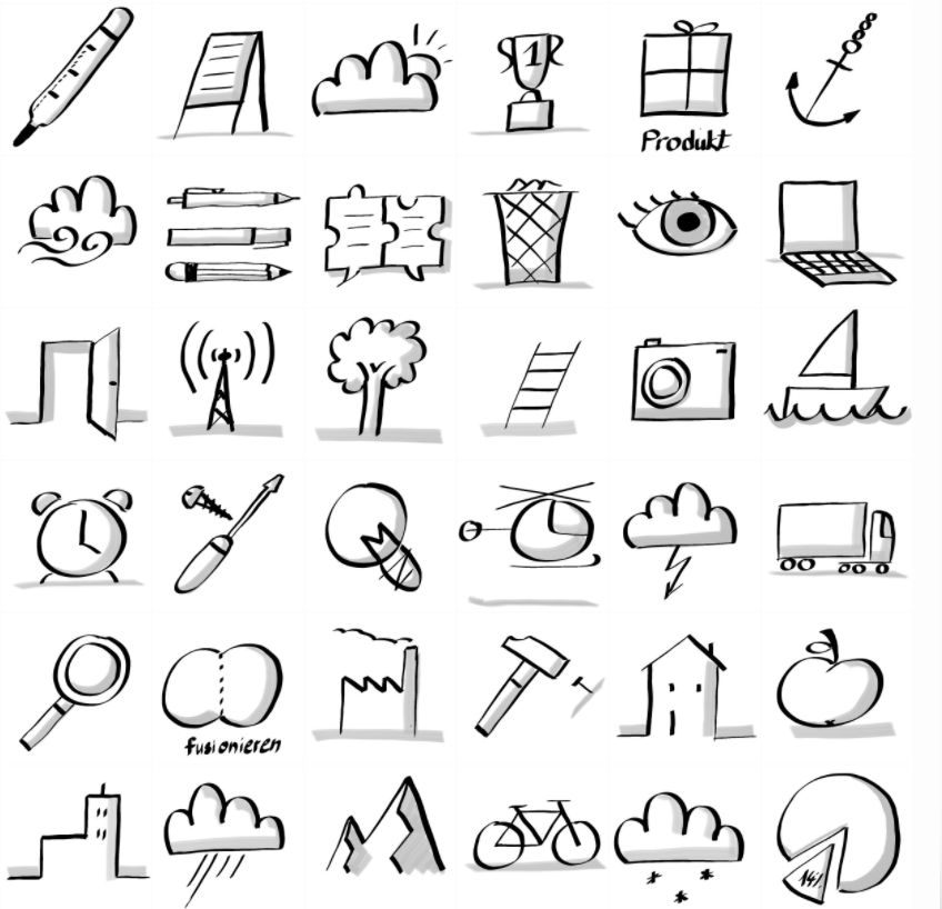 The most important sketchnoting symbols drawn by Matthias Breuel