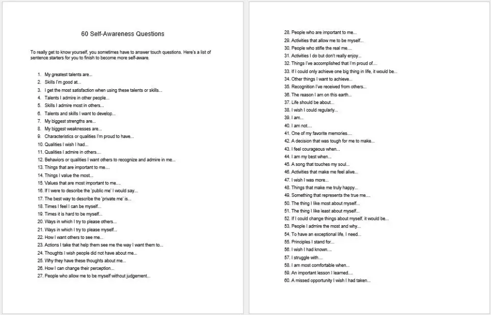 60 Self-Awareness Questions Checklist with Self-Reflectiom Worksheet