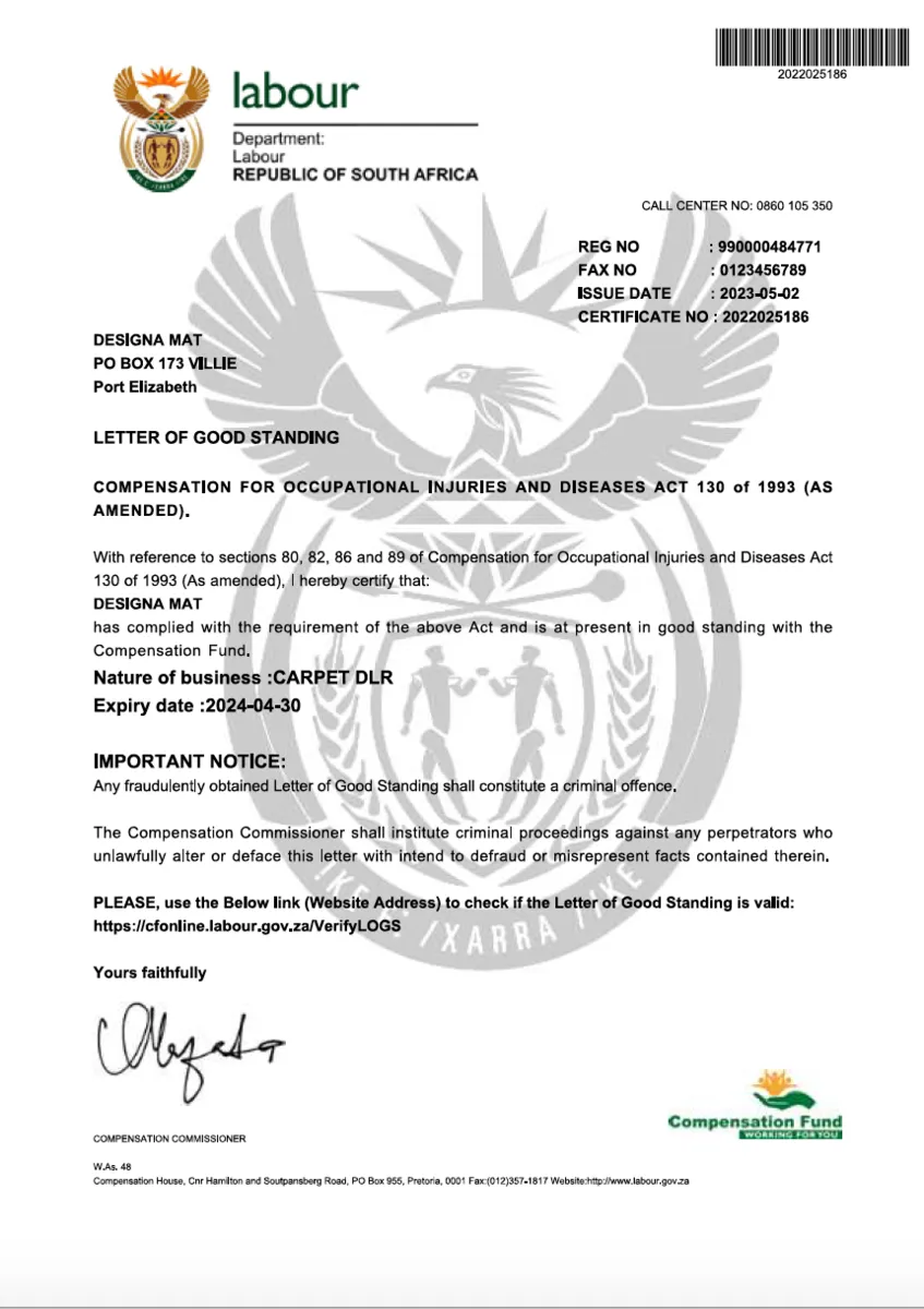 Designa Mat South Africa Letter of Good Standing