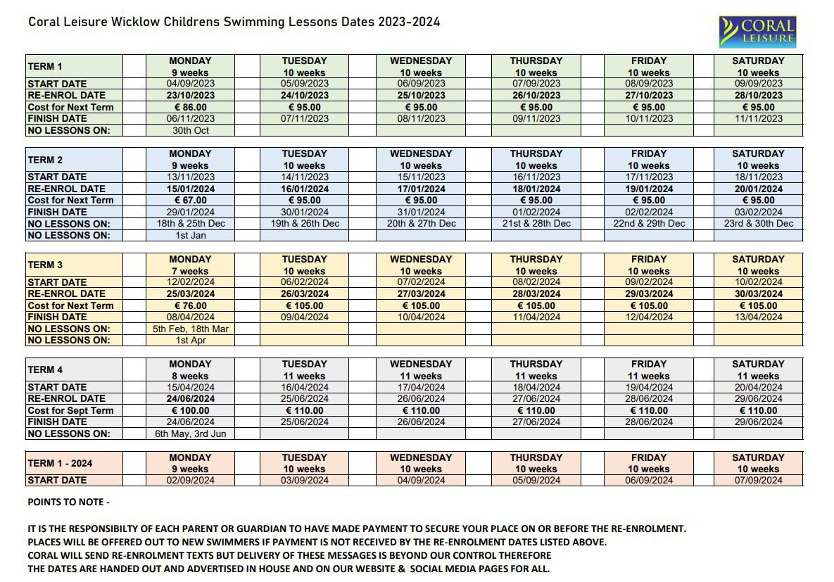 2023/2024 Swimming Lesson Calendar