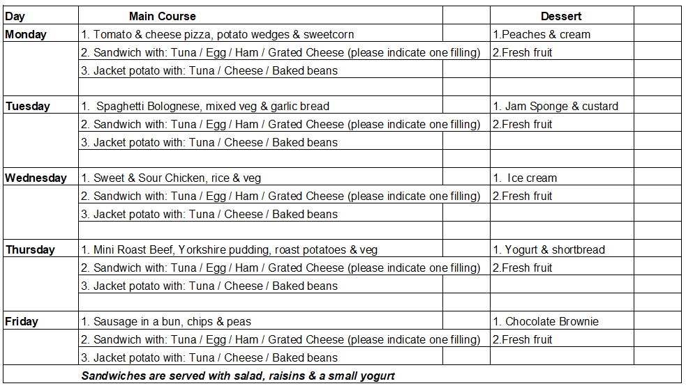 School Dinner Menus | Broughton-In-Furness CE Primary School