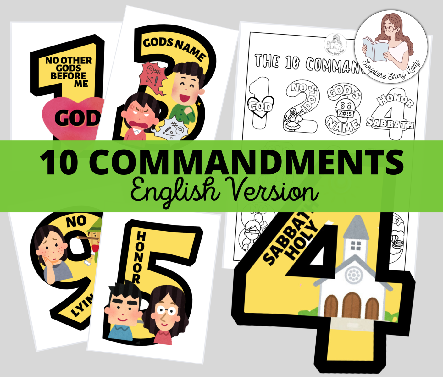 English Ten Commandments Visual Numbers & Coloring Page