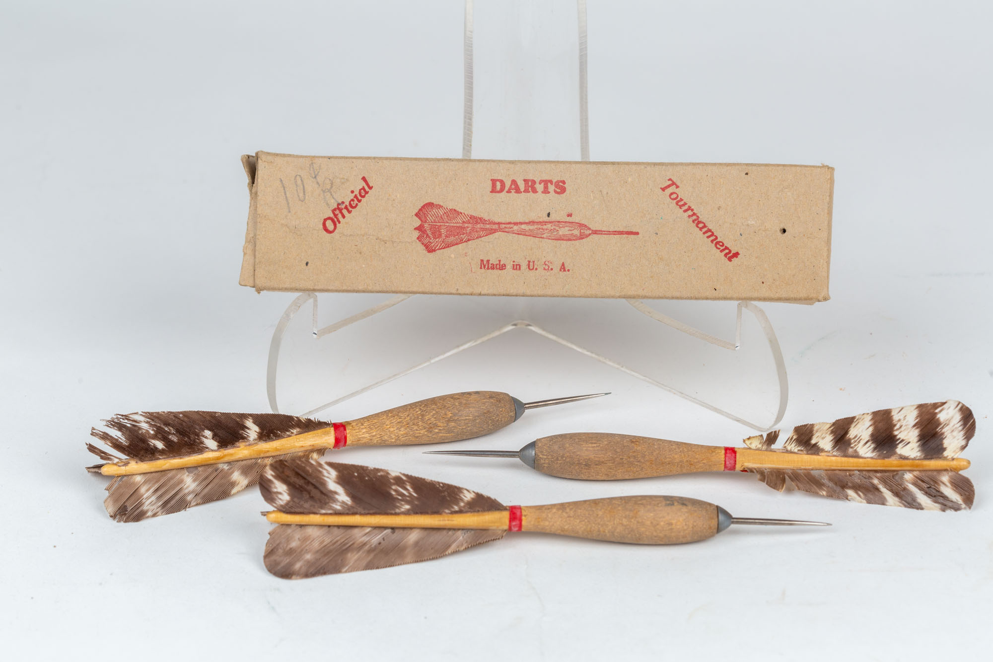 Tournament Darts 3 with original box. wood w/ feathers vintage