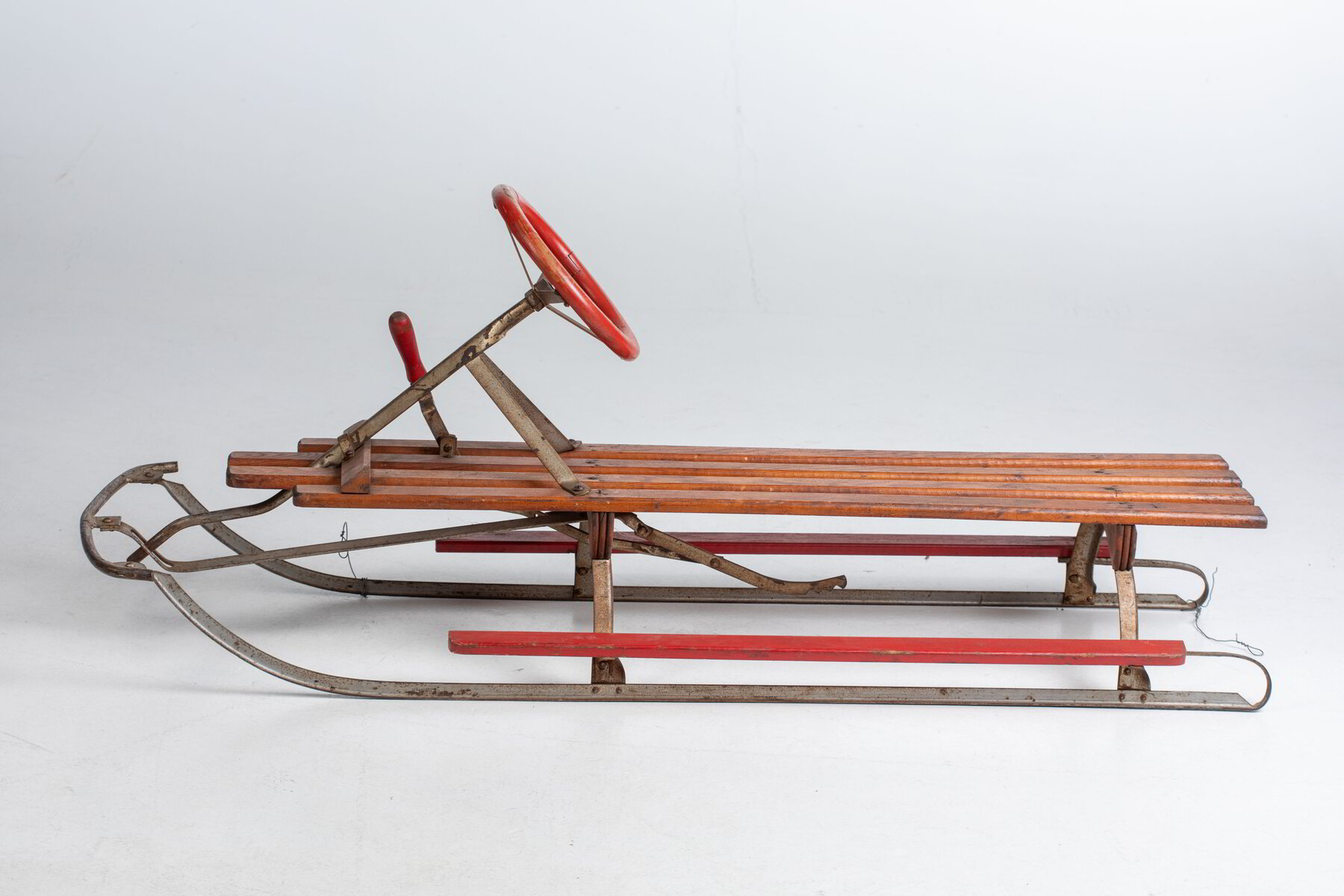 1950s Wood Sled, vintage steering wheel, hand break. 48" GREAT wall ...