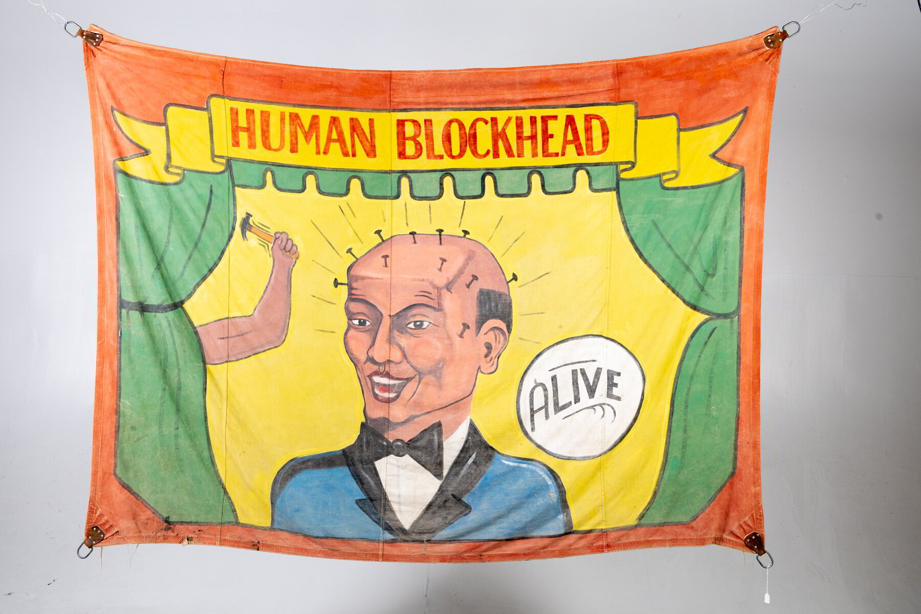 SIDESHOW banner, Human Blockhead 7'x 10' vintage,