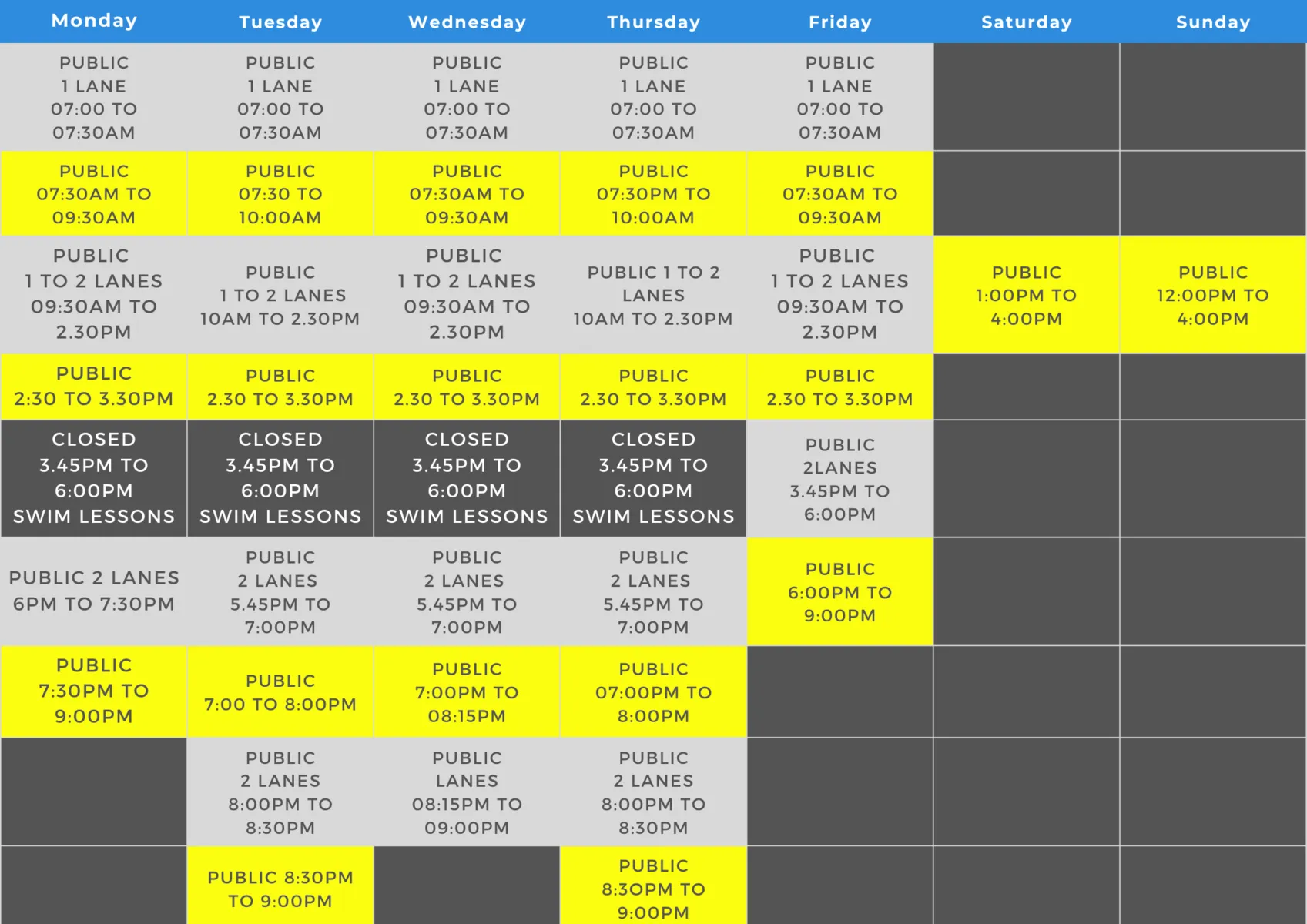 New swimming pool timetable