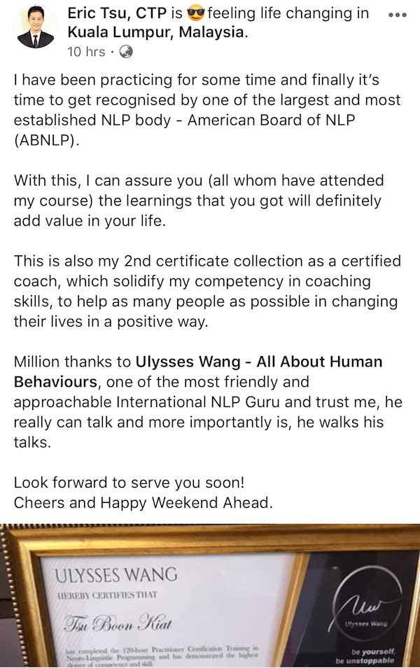 Neuro-Linguistic Programming (NLP) Certification by Ulysses Wang