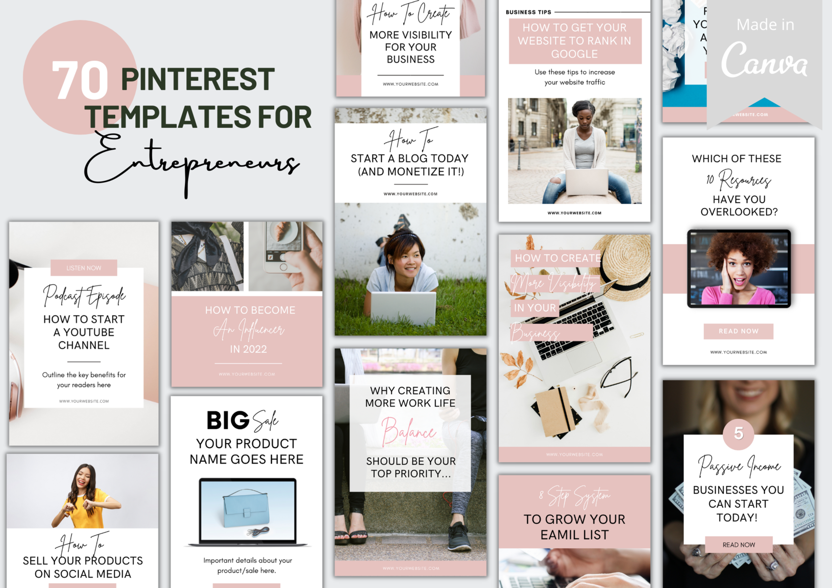 70 Blush Pinterest Pin Templates | Canva Pins for Course Creators & Coaches