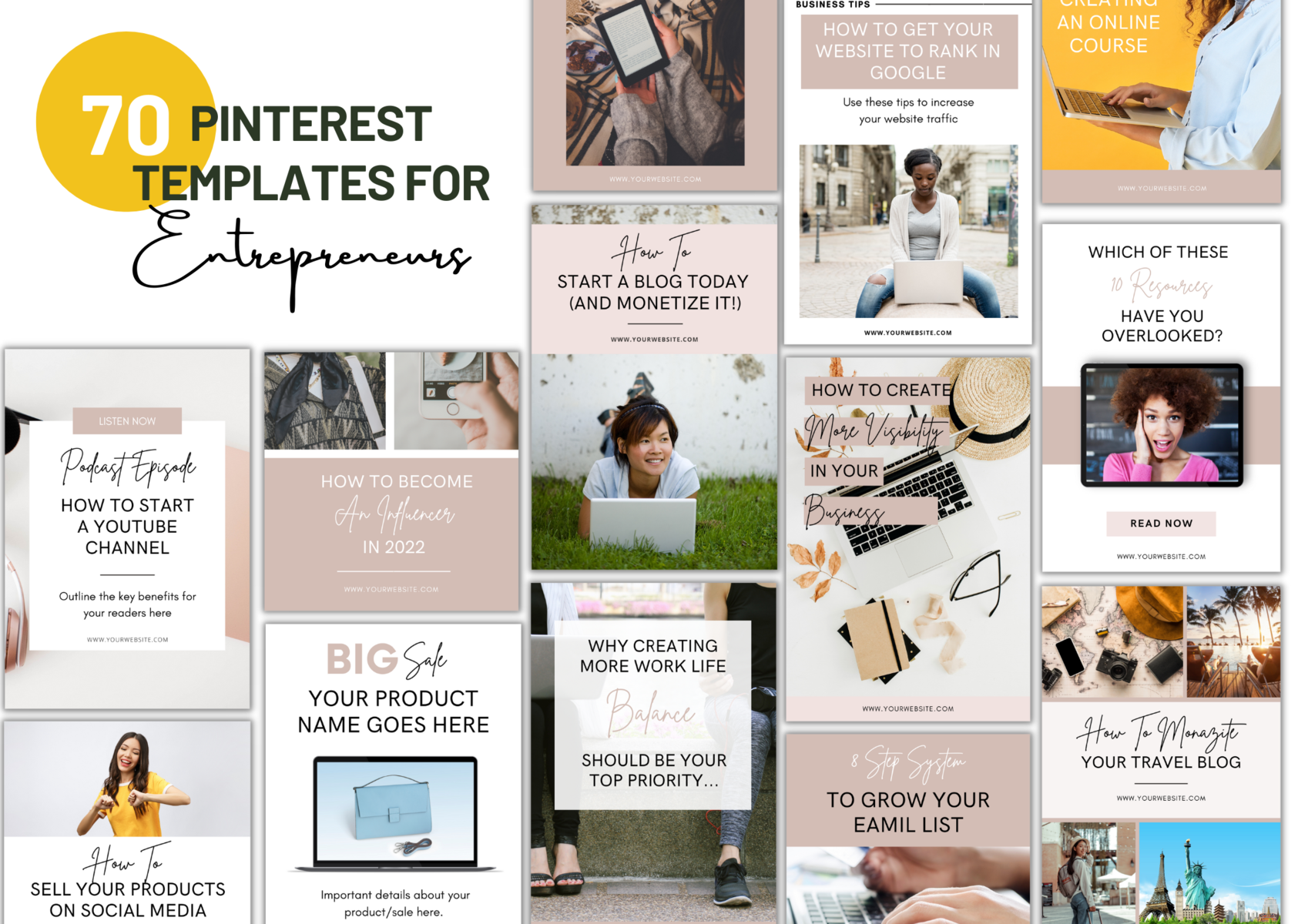 70 Blush Pinterest Pin Templates | Canva Pins for Course Creators & Coaches