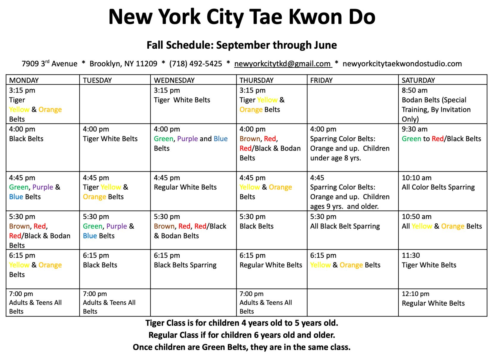 Class Schedule - New York City Taekwondo
