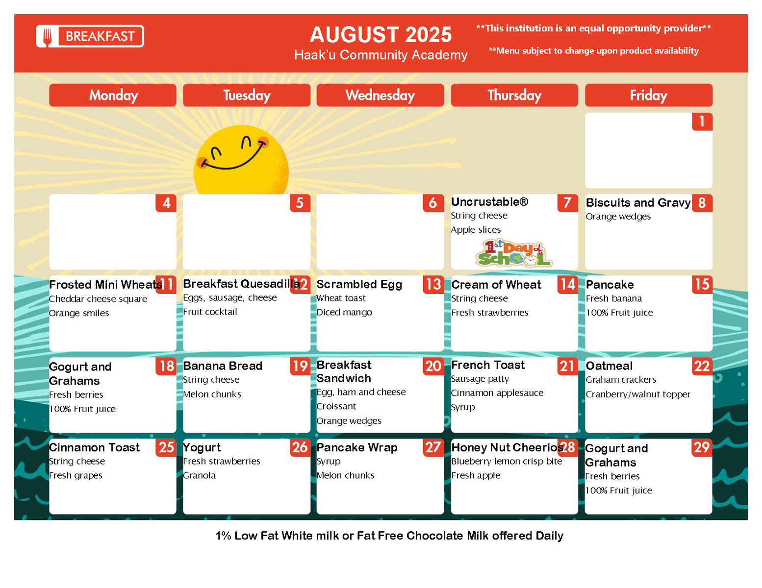 August Breakfast & Lunch Menus Available