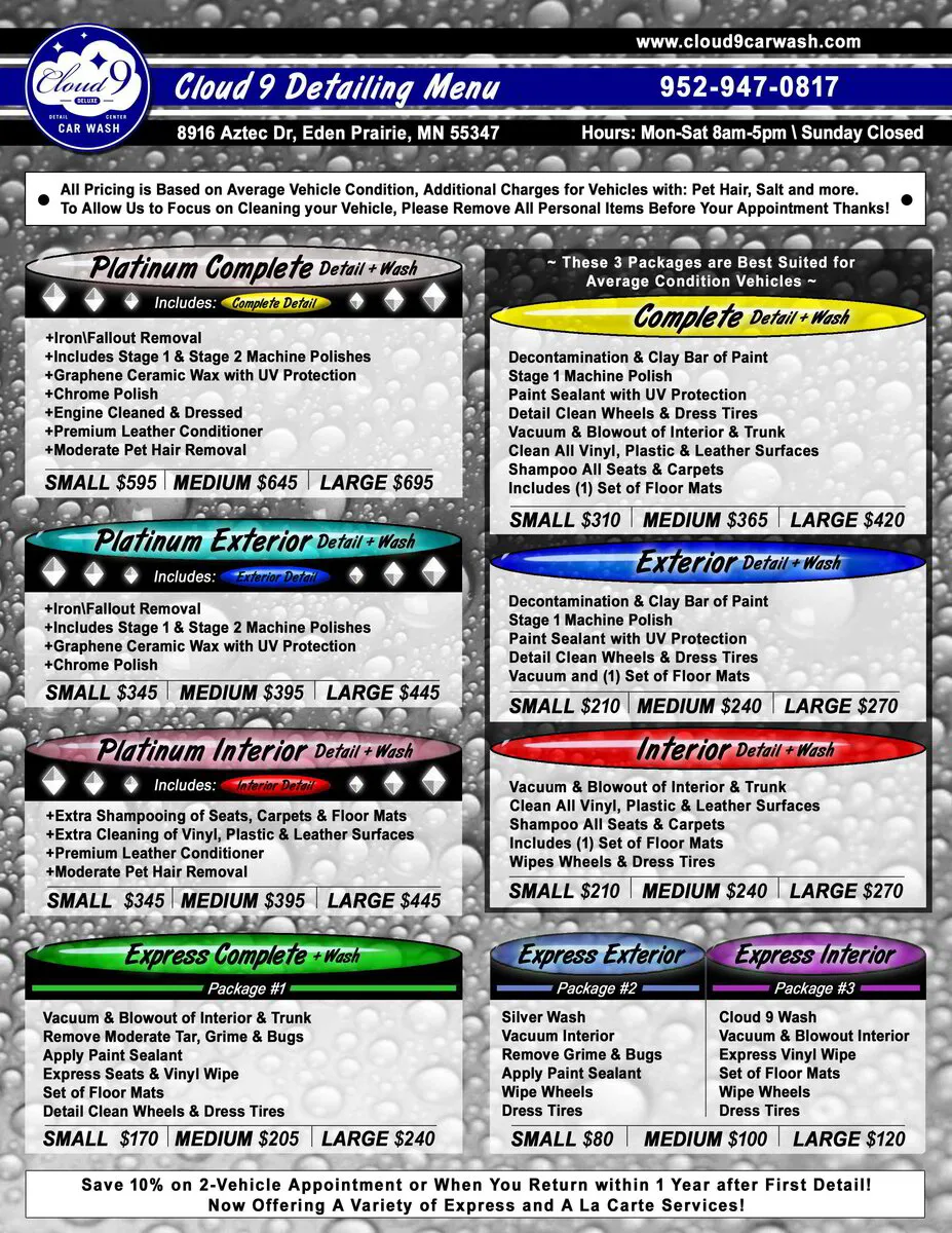 Detailing Menu | Cloud 9 Car Wash and Detail Center