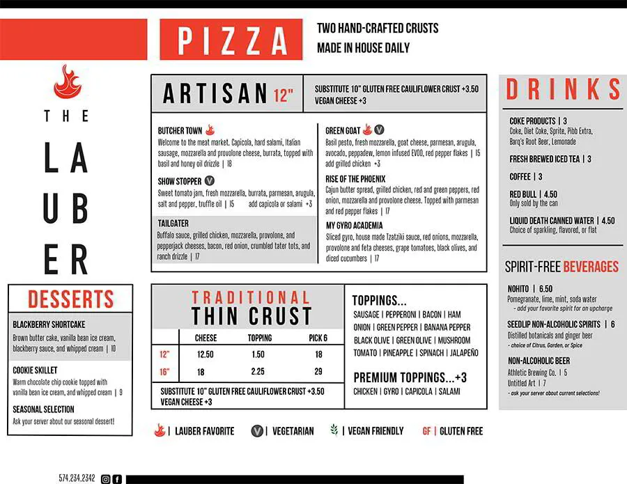 Menu | The Lauber | Restaurant | South Bend, IN