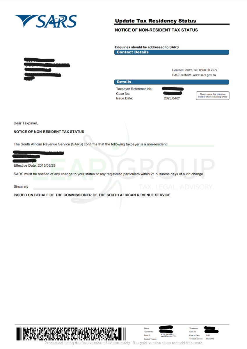 SARS confirms the removal of the “Financial Emigration” process