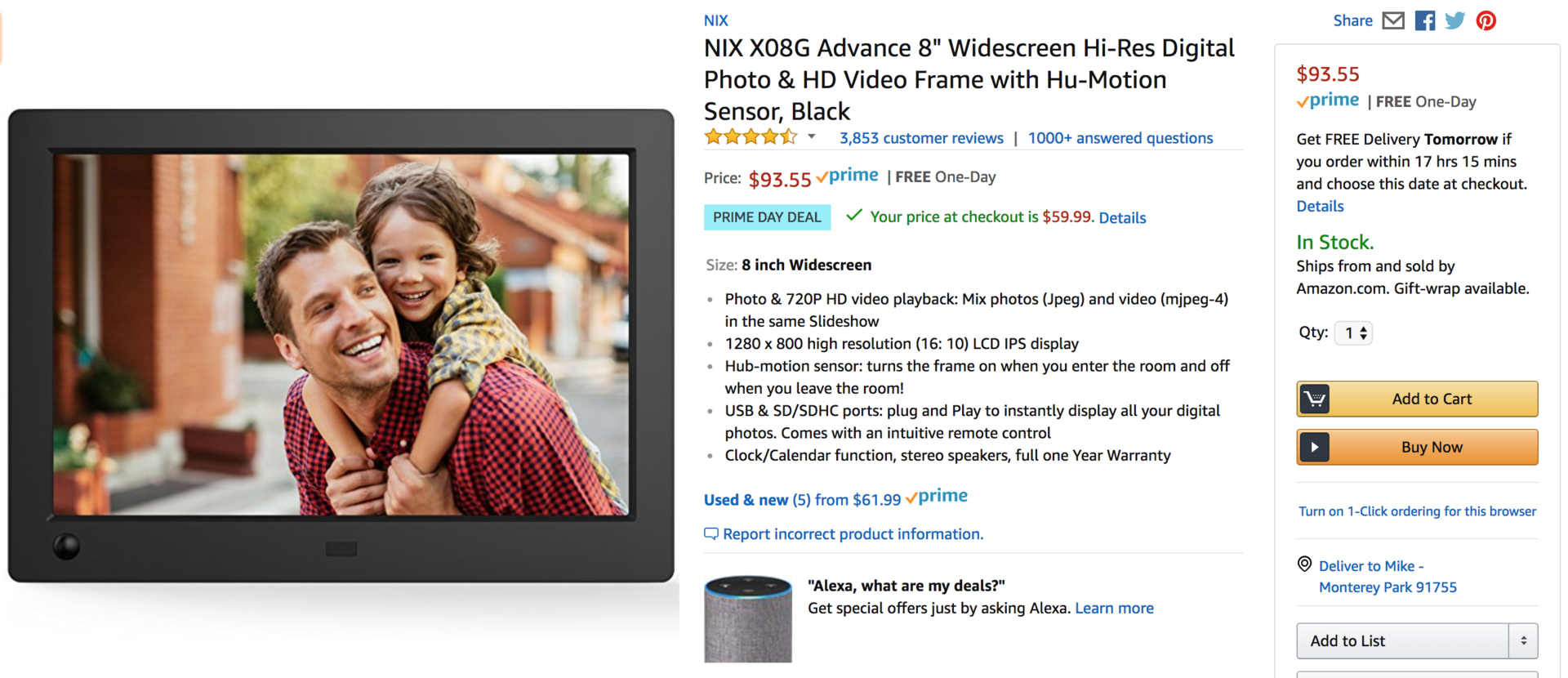 Nix 8" Digital Picture Frame for $59.99