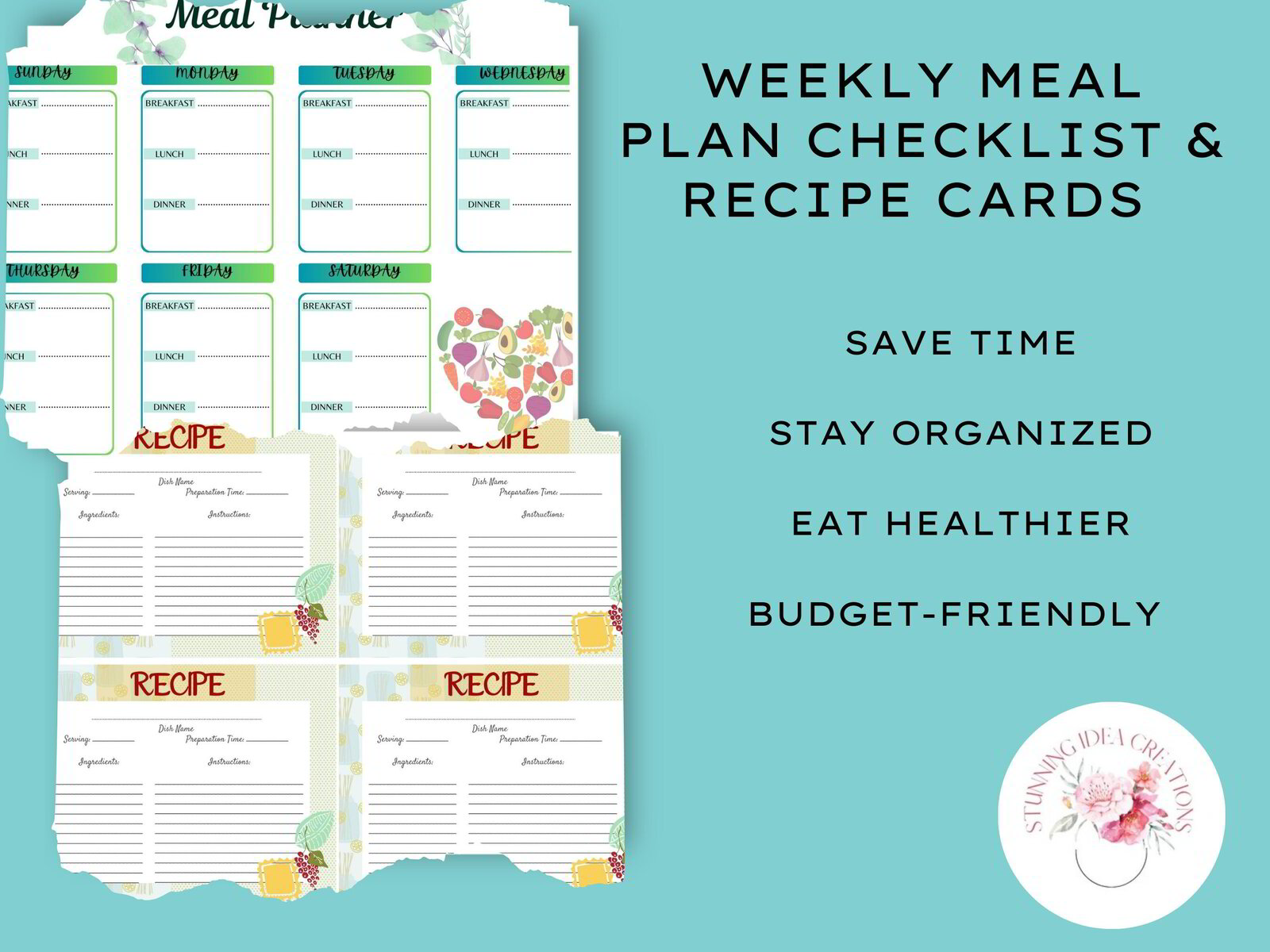 Weekly Meal Plan Checklist & Recipe Cards | Digital Download | Organize ...