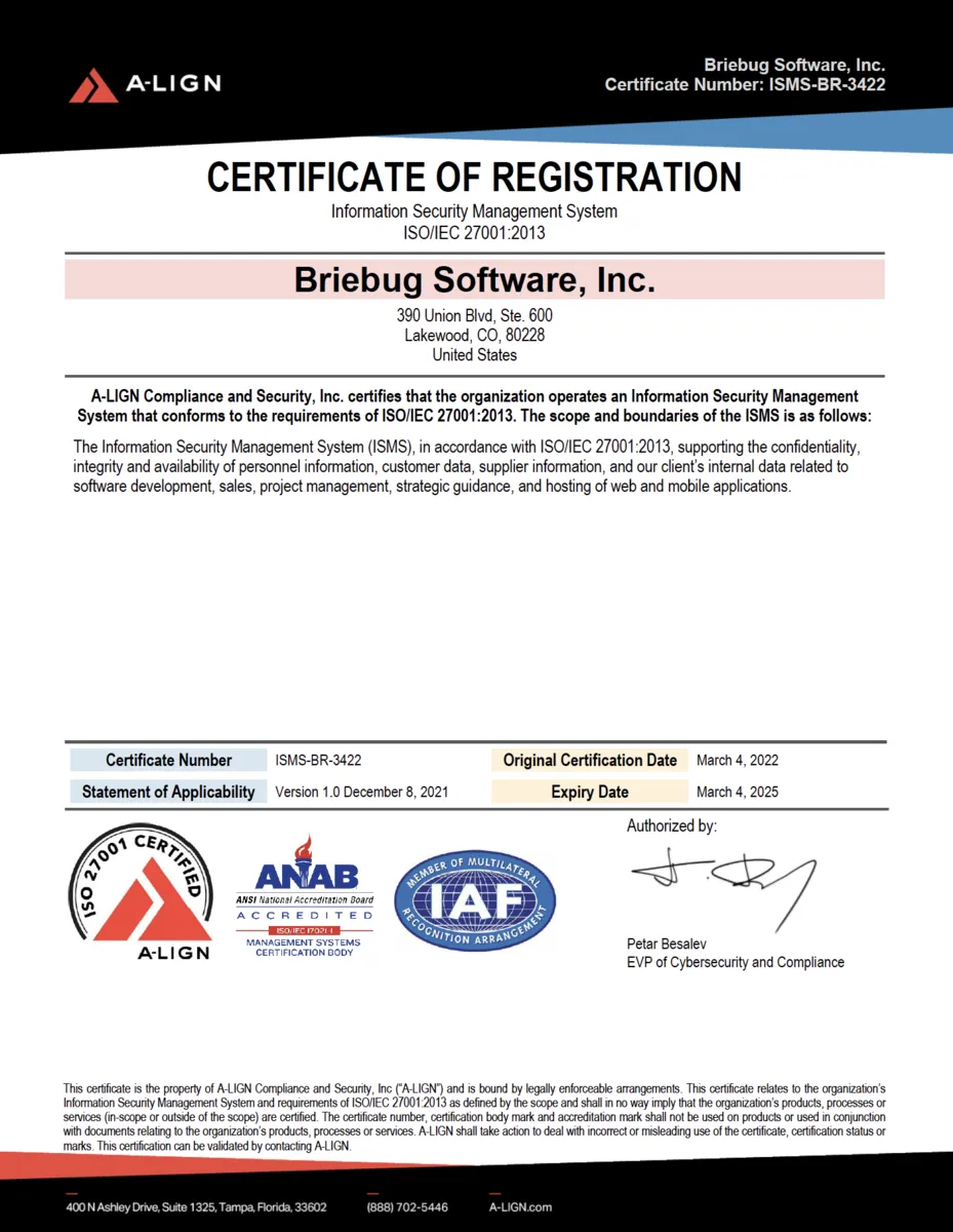 Briebug's ISO/IEC 27001 Certification