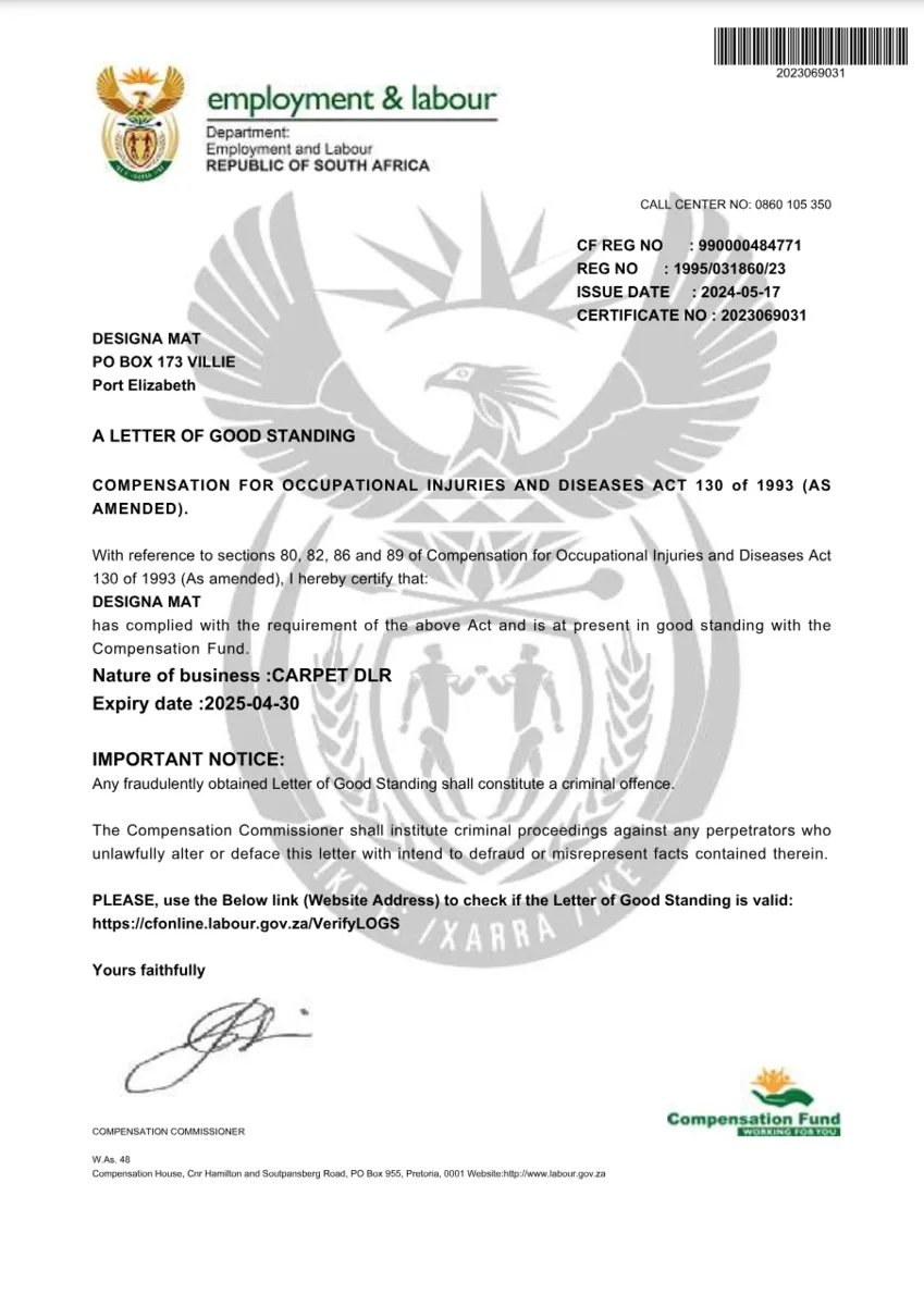 Designa Mat South Africa Letter of Good Standing
