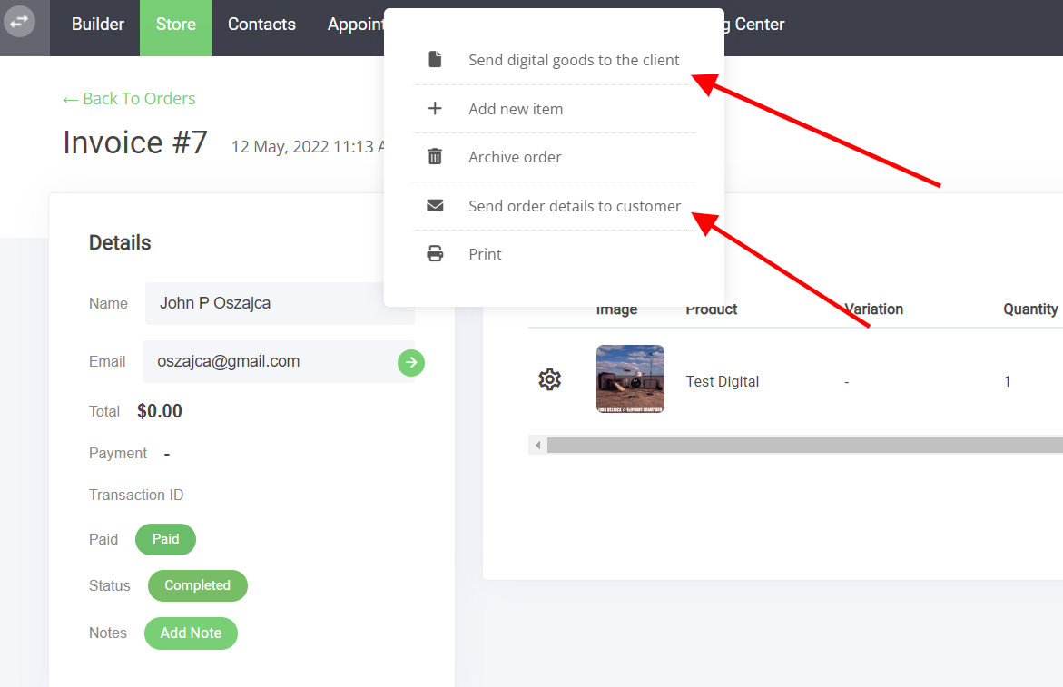 How do I re-send a receipt or a digital download to a customer?