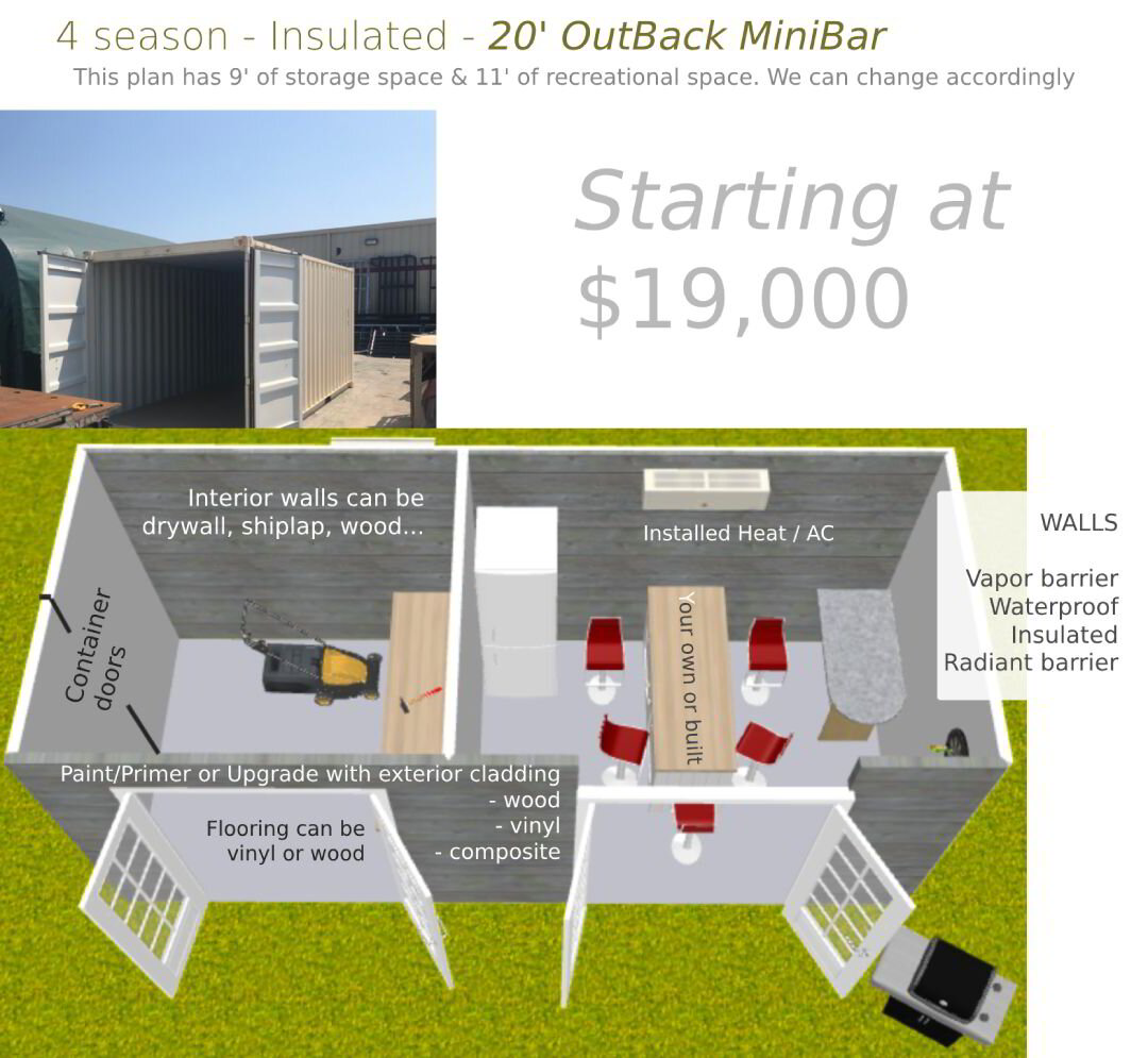 OutBack Shipping container Storage unit, storm shelter & mini bar
