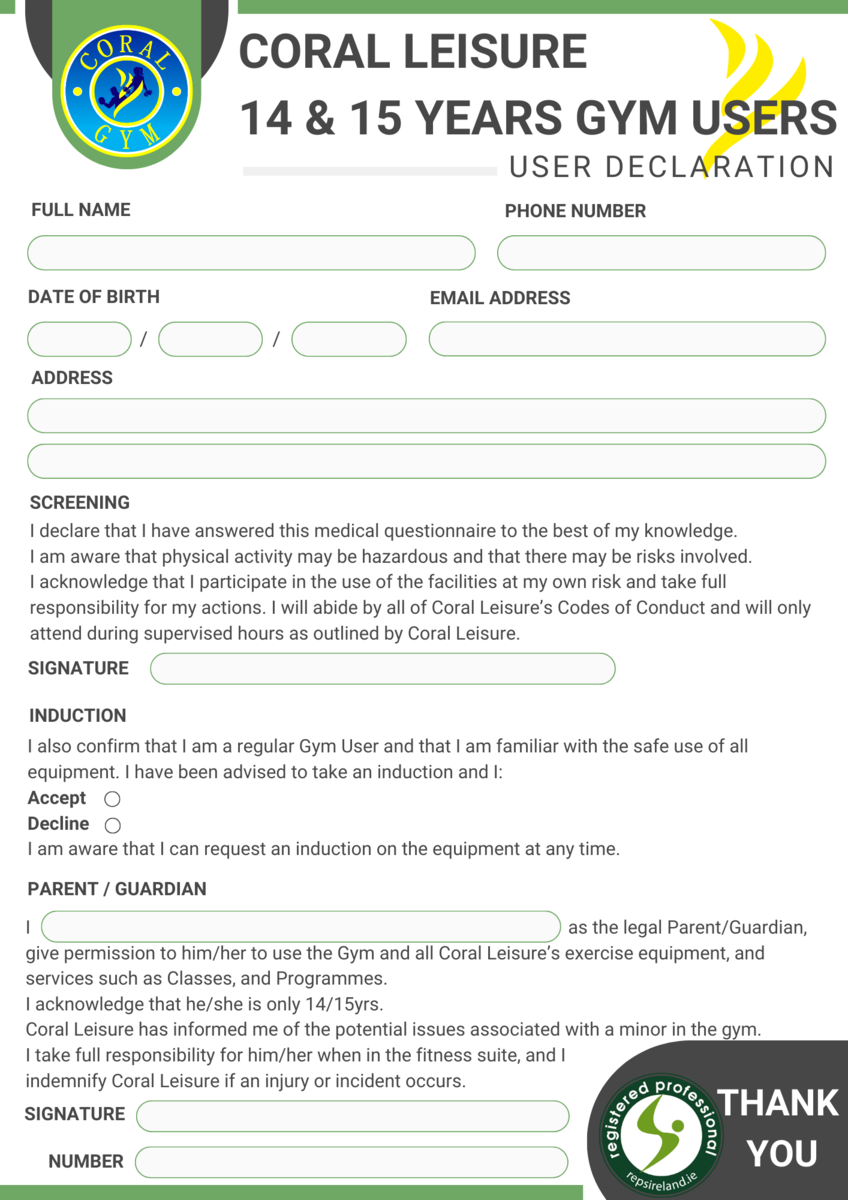 Declaration form for Gym usage