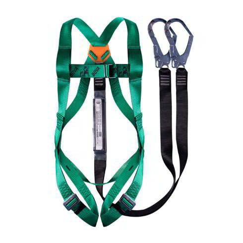 Double lanyard full body harness with scaffold hook.