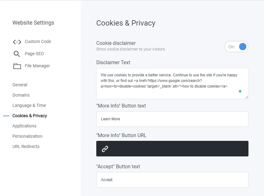 Help Docs - Cookies disclaimer - how to enable/disable