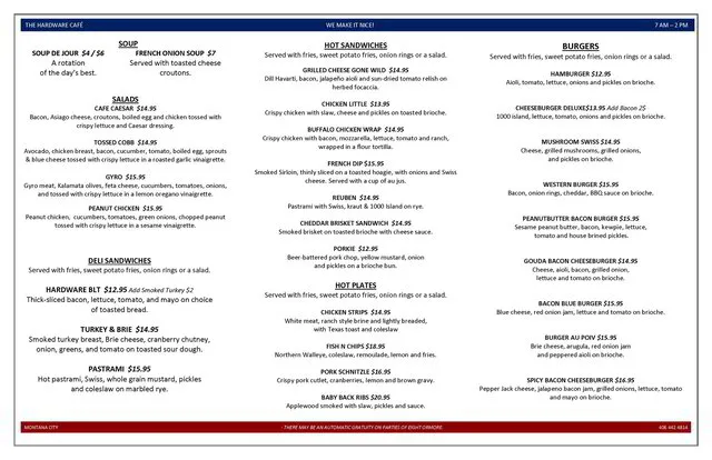 Breakfast & Lunch Menu at The Hardware Cafe in Montana City & Helena MT