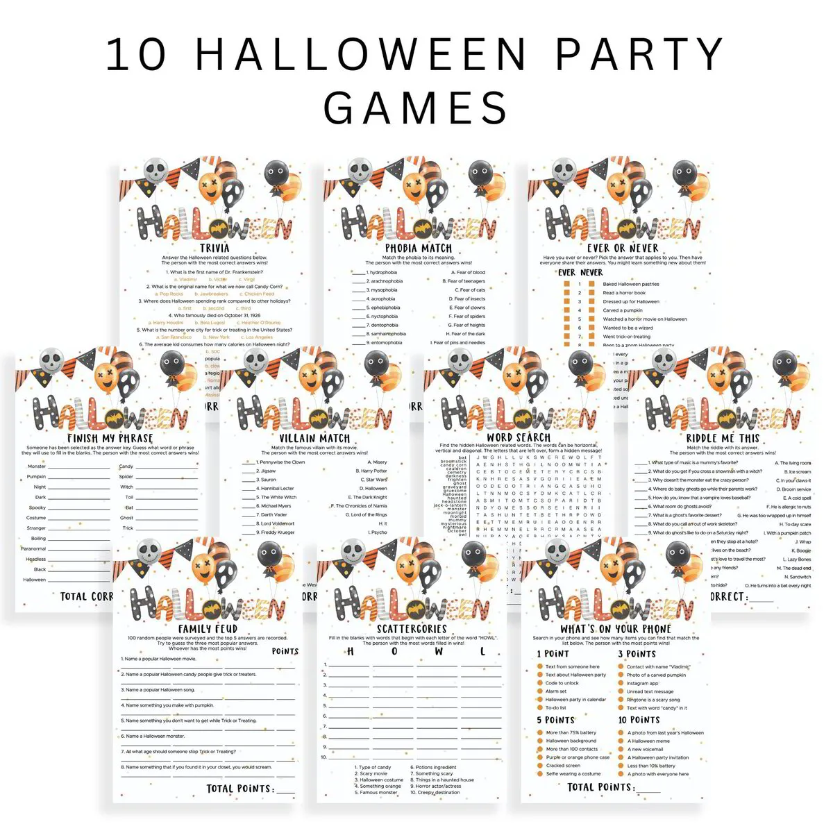 Spooky Games Bundle for Halloween Party Activity | Editable Templates