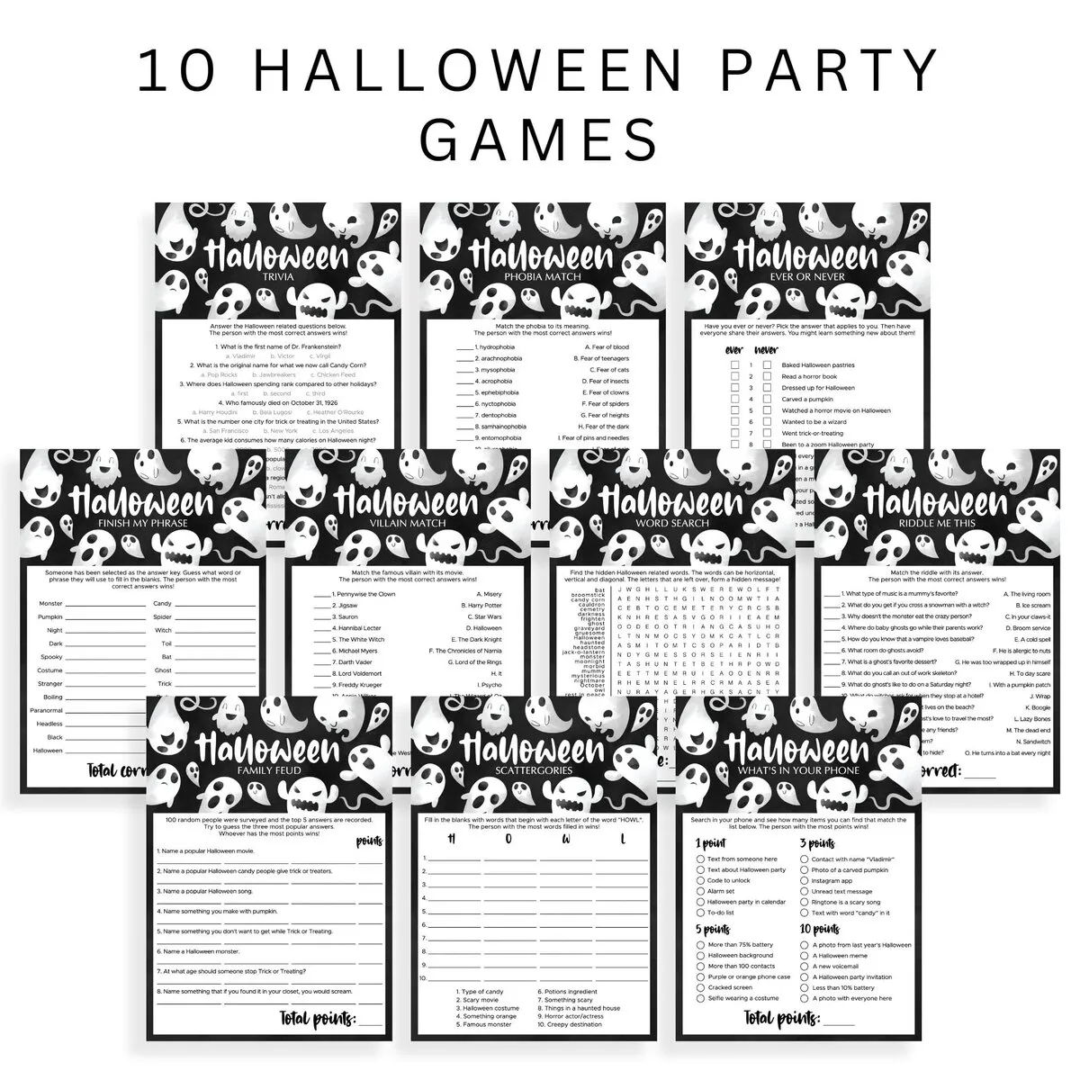 Ghost Halloween Games Bundle | 10 Editable Templates