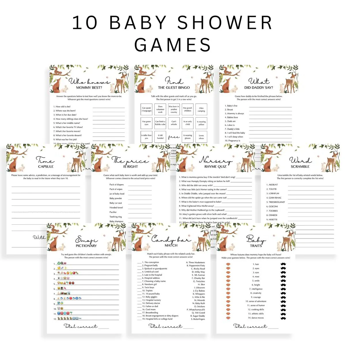 Editable Baby Shower Game Templates | Woodland Animals