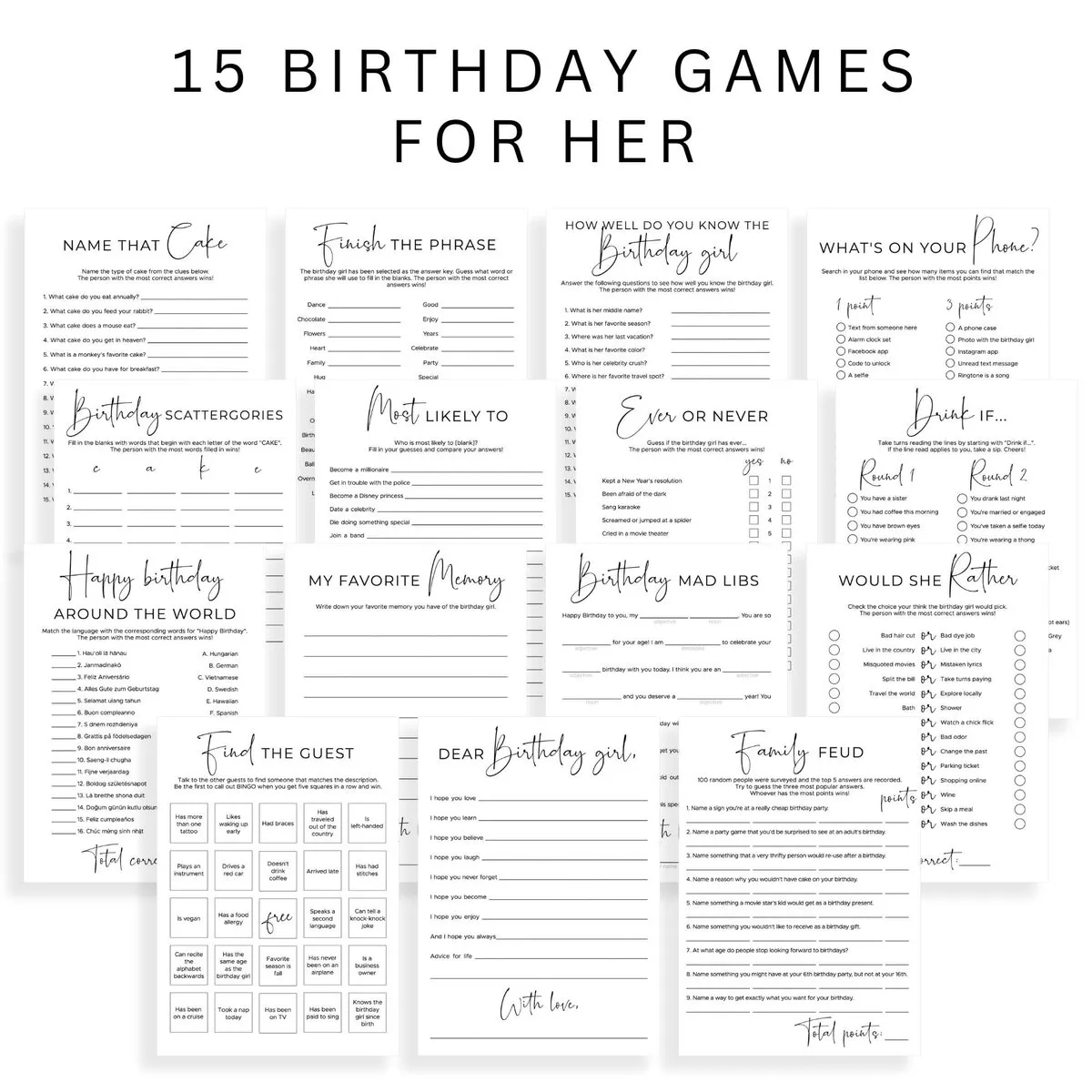 Editable Birthday Games for Her Bundle | Modern Birthday Party