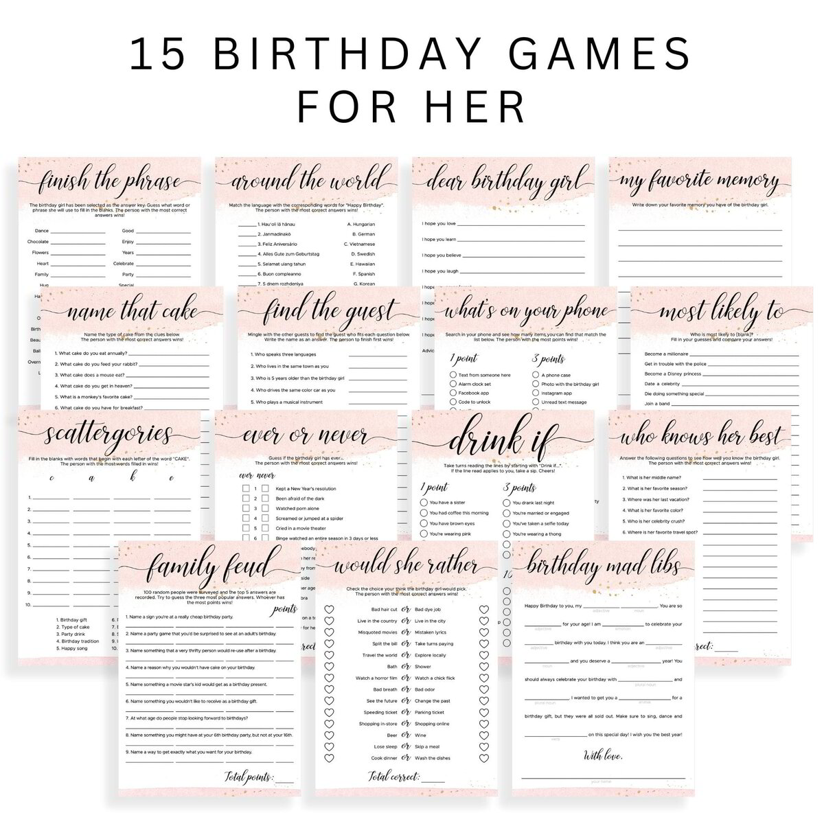 Pink and Gold Birthday Games Bundle for Women