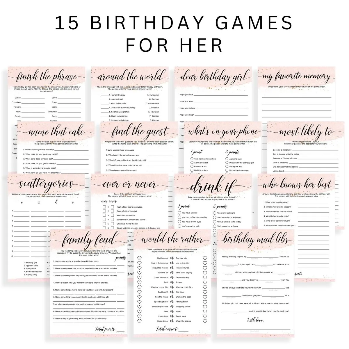 Pink and Gold Birthday Games Bundle for Women