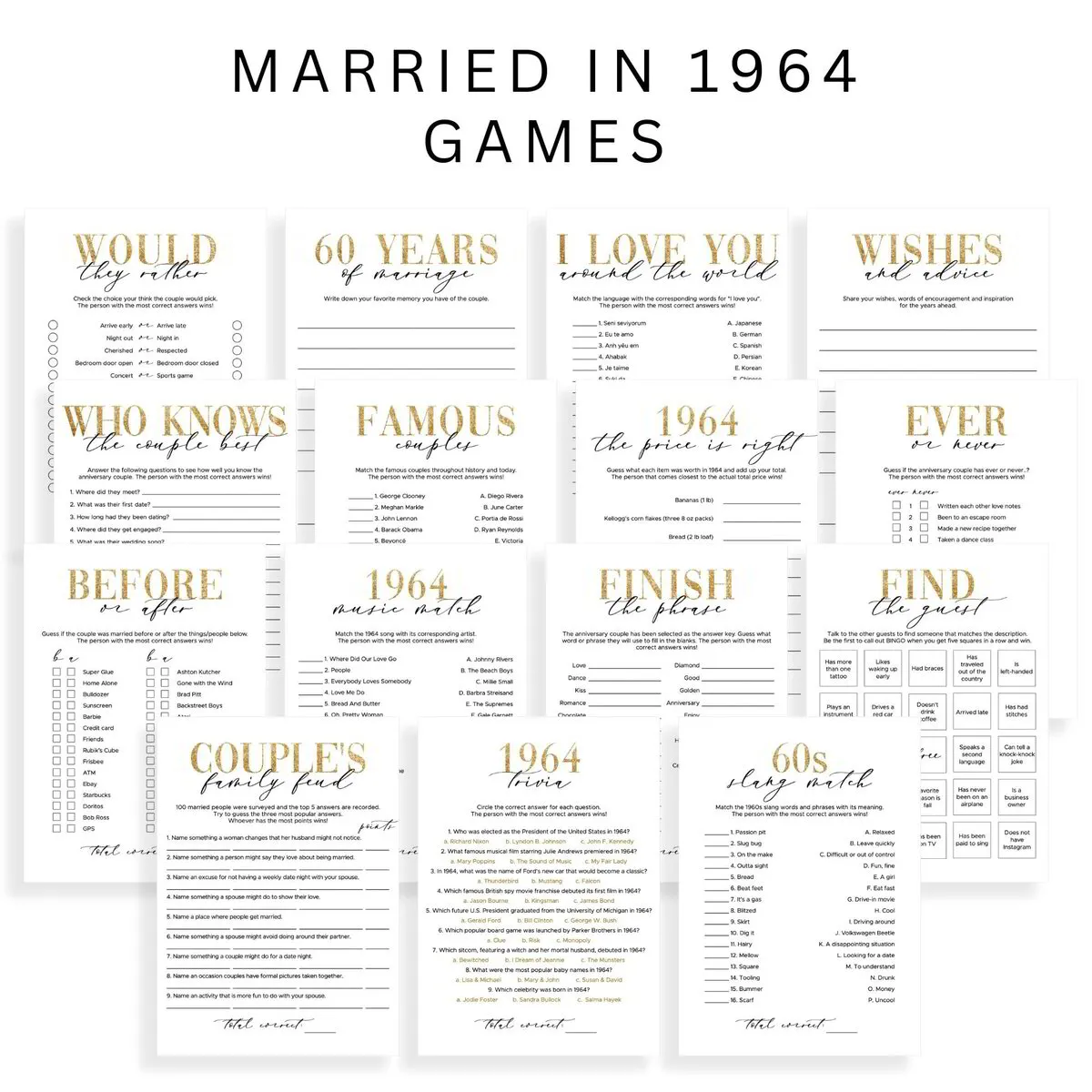 Gold Glitter 1964 Anniversary Party Games Printable | Templates