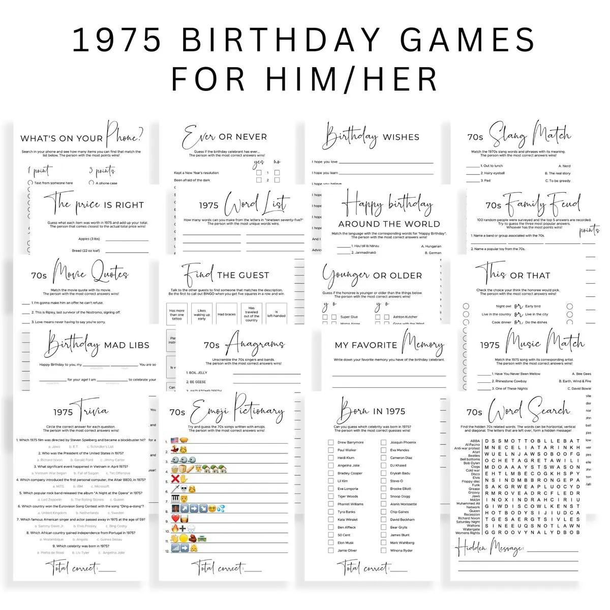 1975 Birthday Games for Him and Her | Editable Templates