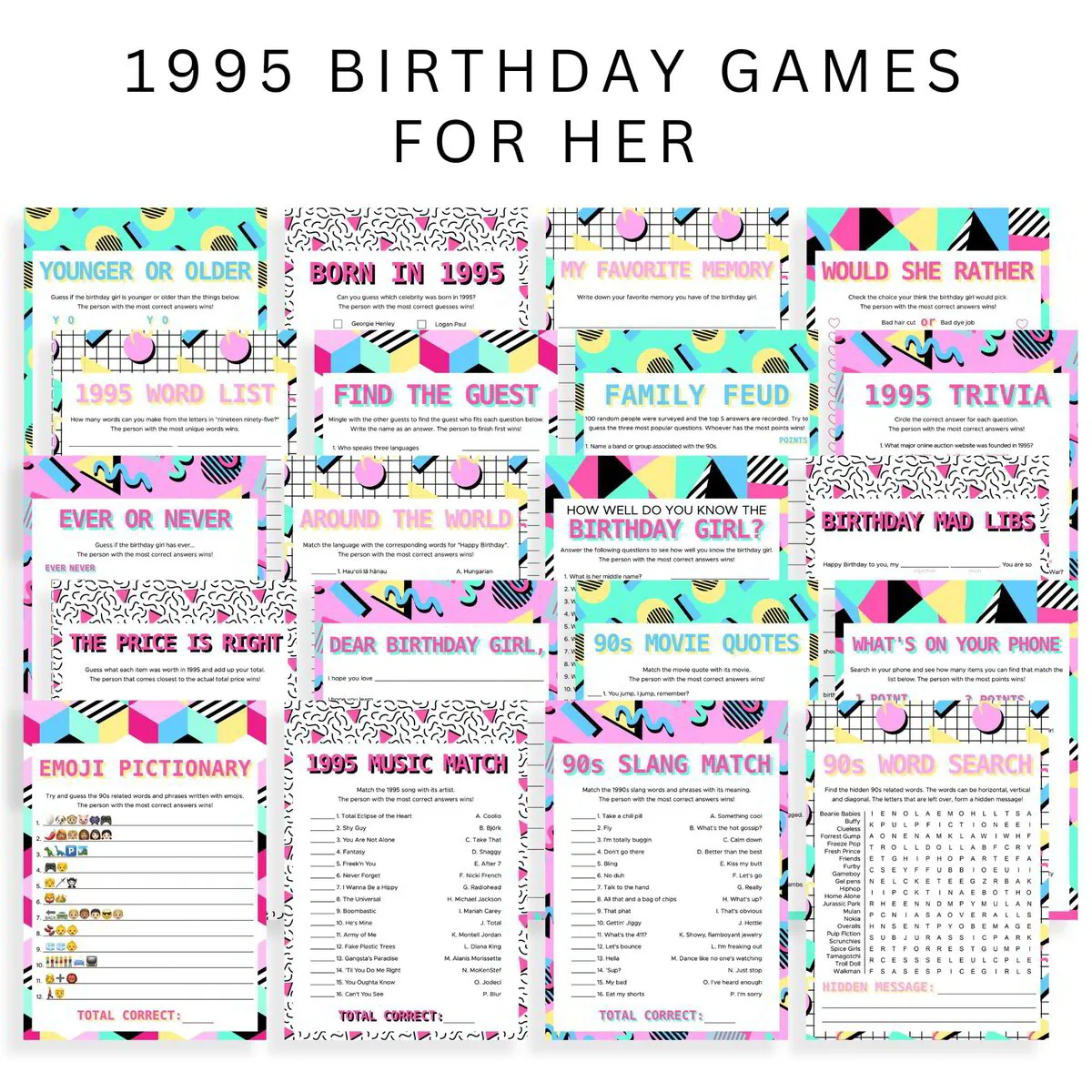 Games For 1995 Birthday Girl | 90s Memphis Themed Bundle