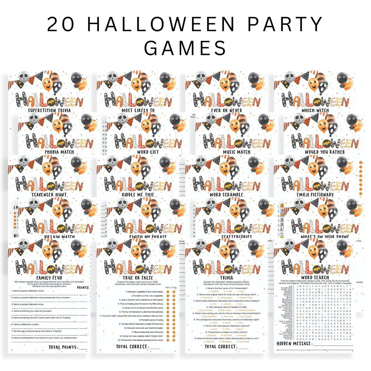 20 Editable Halloween Games for Kids and Adults | Printable Templates