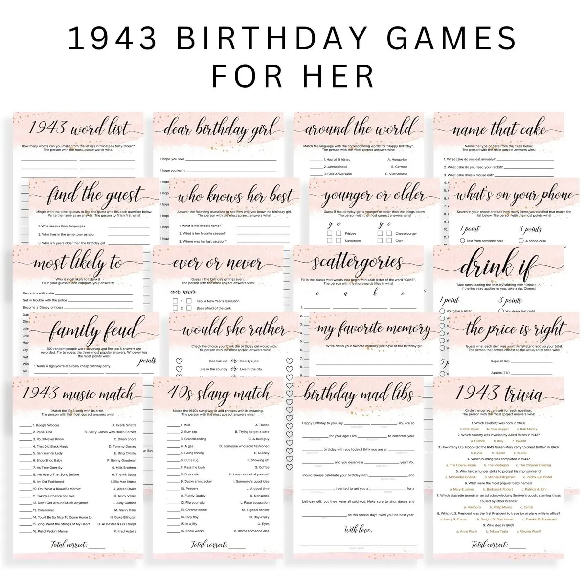 Blush and Gold 1943 Birthday Party Games | Editable Templates